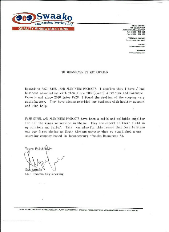 Portfolio & Reference Letters – FeZU Steel & Aluminium